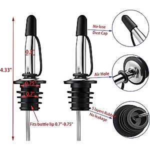 6 Pack Speed Pourers Spouts with Tapered, Liquor Pourers with Rubber Cap, Stainless Steel, Hygienic, Dishwasher Safe, Fits most Classic Bottle's Lip up to 3/4"