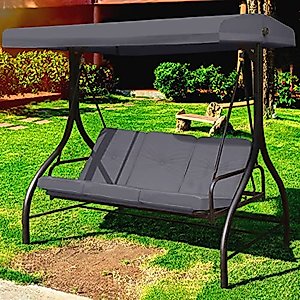 VEIKOU Outdoor Porch Swing with Converting Seat, 3-Seat Patio Swing Chair w/Upgraded Thick Cushion & Weather Resistant Steel Frame, Backyard Swing Glider Hammock w/Adjustable Canopy, Grey