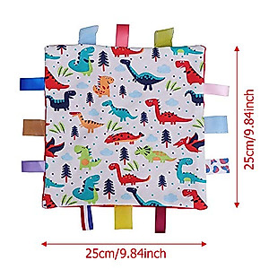 G-Tree Baby Comfort Blanket with Tag, Multi-Coloured Dinosaurs Tag, FOMUNI Taggy Blanket - Red Textured Underside