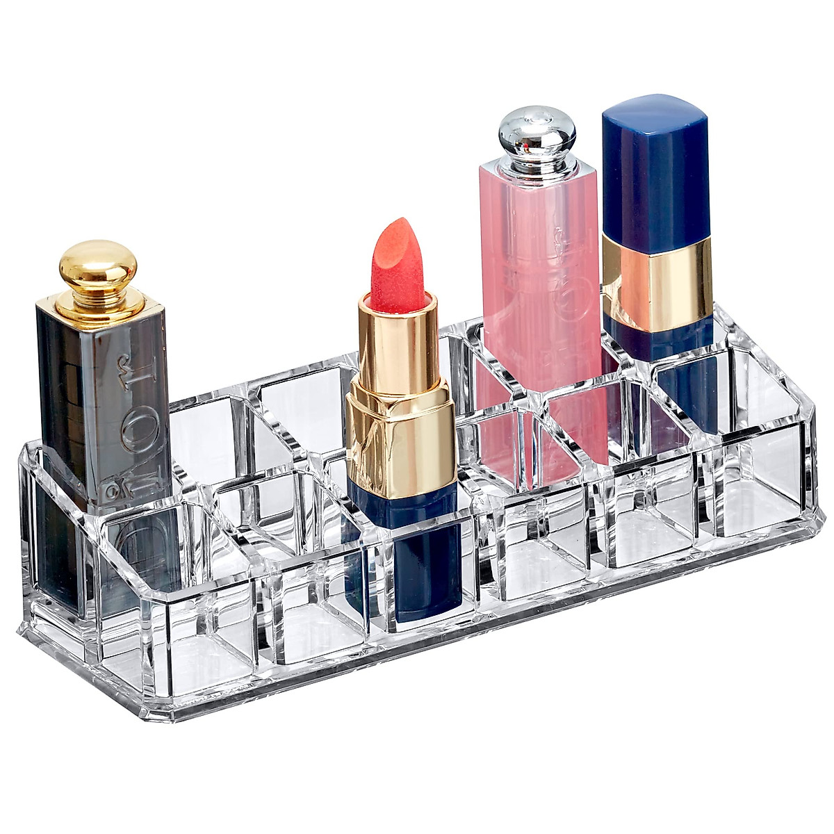 Amazing Abby - Glamour - 12-Slot Acrylic Lipstick Organizer, Lipstick Holder, Lip Gloss Holder, Cosmetic Storage Display, Perfect Storage Solution for Drawer and Vanity (Slot Size: 0.9" x 0.9")