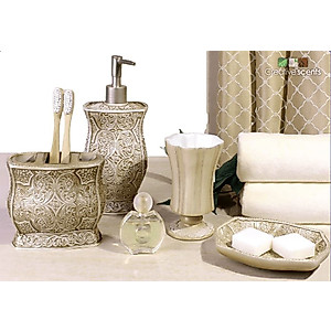 Creative Scents Beige Bathroom Accessories Set - Decorative Bathroom Accessory Set - 4 Piece Bathroom Set Features: Soap Dispenser, Toothbrush Holder, Tumbler, and Soap Dish (Victoria Collection)