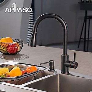 APPASO Oil Rubbed Bronze Kitchen Faucet, Stainless Steel Kitchen Faucet with Soap Dispenser and Pull Down Sprayer, High Arch Faucet Kitchen Bronze for 1 or 2 Hole Sink Without Deck Plate