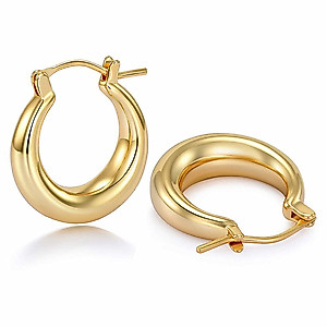 Chunky Gold Hoop Earrings 14K Gold Plated 925 Sterling Silver Post Thick Tube Hoops for Women And Girls(5-50Yellow)
