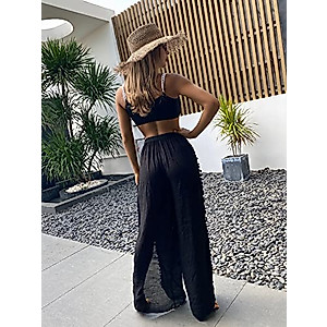 SheIn Women's Summer Beach Pants High Waisted Swimsuit Cover Up Pants Pom Pom Tassel Bikini Bottom Long Pants Medium Black