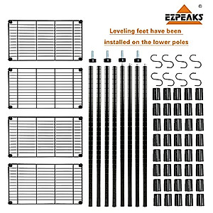 EZPEAKS 4-Shelf Shelving Unit with 8 Hooks and 4-Shelf Liners, NSF Certified, Adjustable Metal Wire Shelves, Shelving Rack and Storage for Kitchen Laundry Bathroom Pantry Closet(23.6W x 14D x 47H)