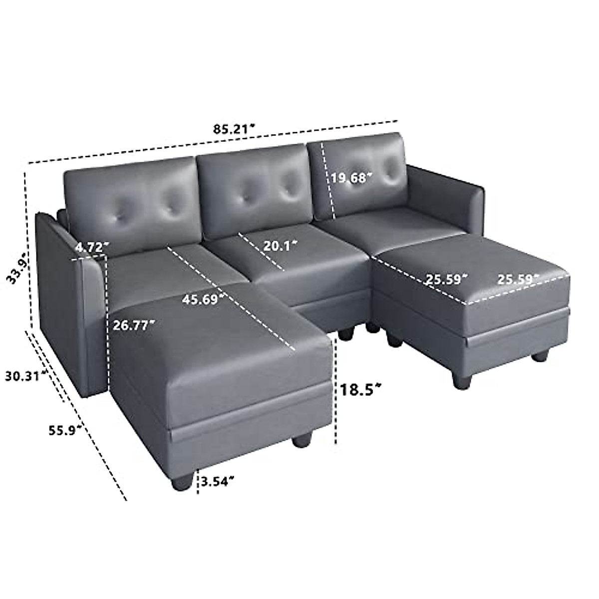LLappuil Convertible Modular Sofa Faux Leather Fabric U Shaped Sectional with Reversible Chaise, 5 Seater Storage Sofa Sleeper Couch with Ottoman, Dark Grey