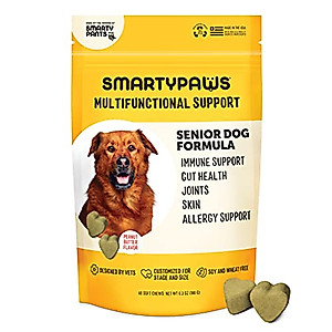 SmartyPants Dog Vitamins and Supplements, Senior Formula: Multivitamin with Glucosamine, Chondroitin, & Probiotics for Joint, Skin, & Gut Support, Peanut Butter Flavor, 60 Soft Chews by SmartyPaws