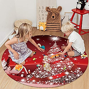 Round Area Rugs 5ft Christmas Tree Indoor Throw Runner Circle Rug Entryway Doormat Floor Carpet Pad Yoga Mat for Bedroom Living Room Cartoon Red Country Farmhouse