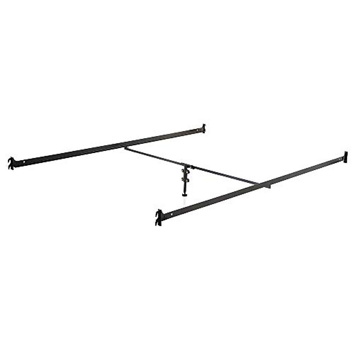 MALOUF Hook-on Metal Bed Rails with Center Bar and Adjustable Height Support Foot, Twin/Full, Black