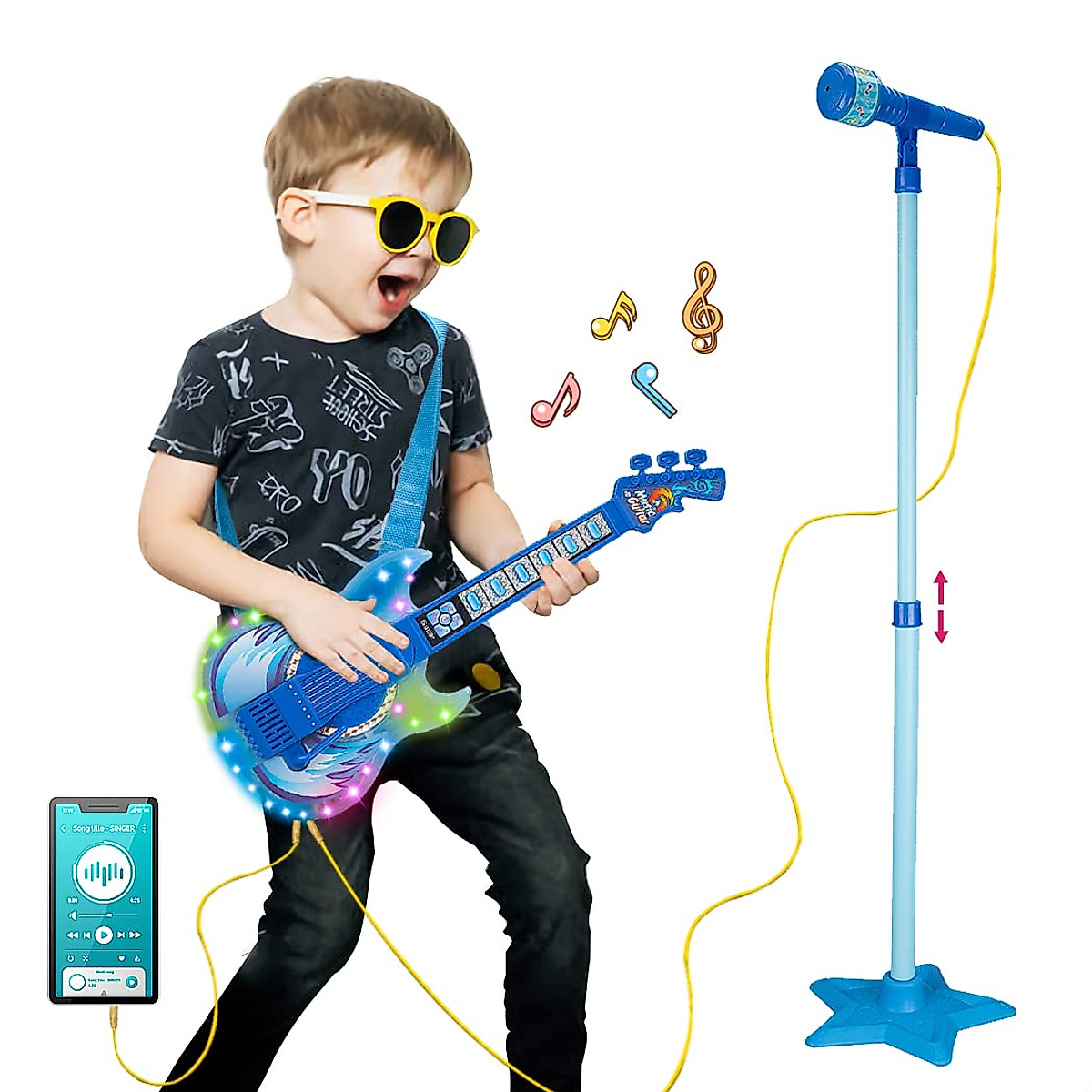 TAKIHON Guitar and Microphone Set for Kids,Guitar Toys with Music&Colorful Light,Adjustable Height Microphone with Stand,Karaoke Toys Gift for Boy,Girls,Toddlers(Blue)-Upgraded