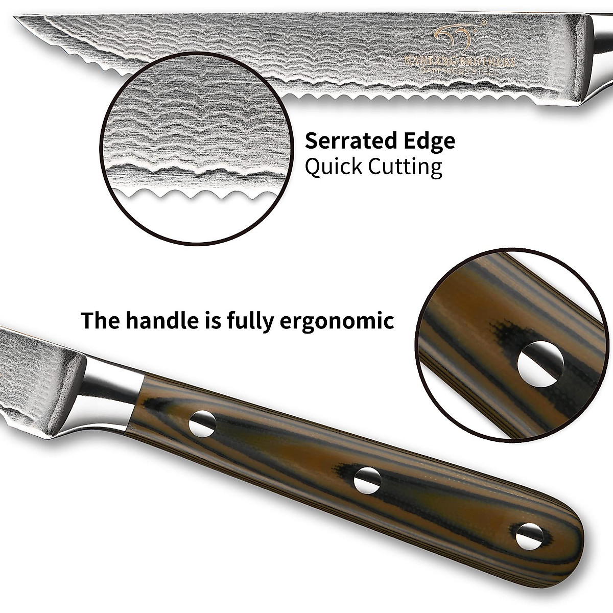 Damascus Serrated Steak Knife Set of 6 with Case, 5 Inch Serrated Steak Knife, 67 Layers Steel Blades Hand-sharpened to 15°, Non-slip G10 Ergonomic Triple Rivet Handle for Gift, Natural Wooden Box