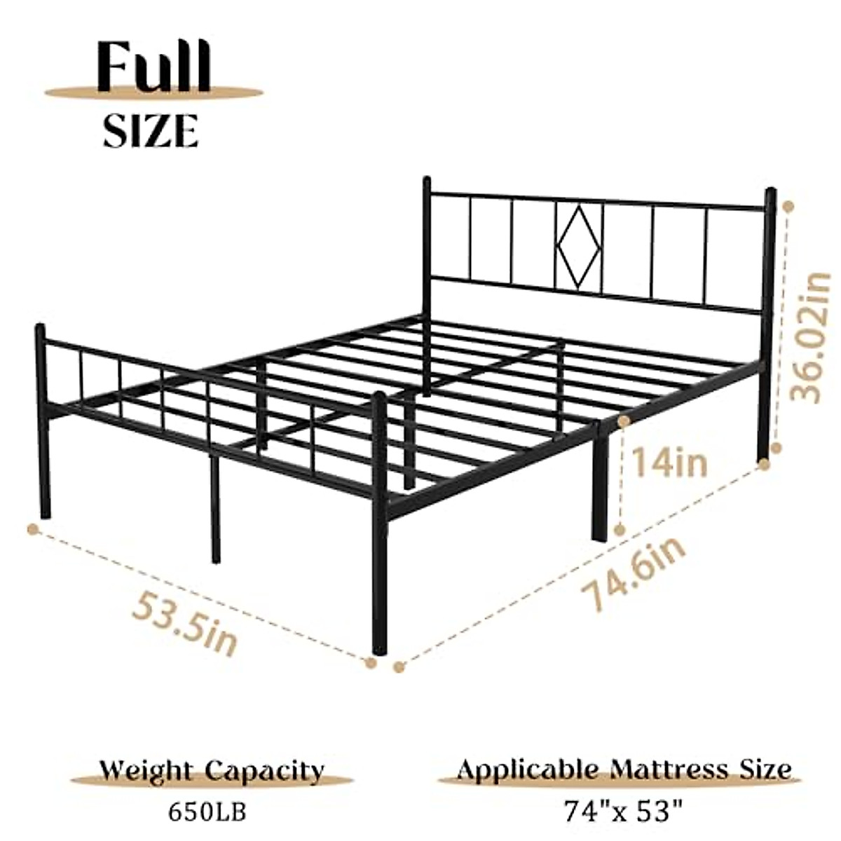 Mavesmog Full Size Bed Frame 14 inch Metal Platform Mattress Foundation with Headboard Footboard, Heavy Duty Full Bed Frame, No Box Spring Needed, Under Bed Storage Easy Assembly