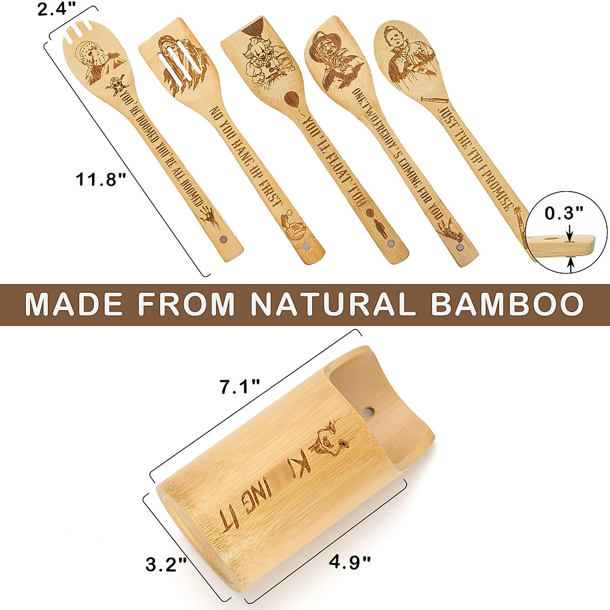 6Pcs Horror Movie Character Cooking Gift Set Wooden Spoons Utensils with Matching Holder - Halloween Movie Merchandise Laser Engraved Bamboo Spoons Set for Horror Movie Gifts, Horror Movie Party Decor