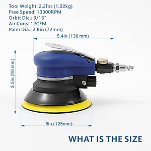 5 inch Air Random Orbital Sander for Auto Body Work, Pneumatic Palm Sander with 10 Polishing Sponge & Wool Pads, 10 Sandpapers (5 Inch Kit)
