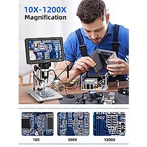 Elikliv 7" LCD Digital Microscope 1200X, 1080P Coin Microscope with Wired Remote, 12MP Ultra-Precise Focusing, 10 LED Fill Lights, PC View, Metal Stand, Windows/Mac Compatible, 32GB