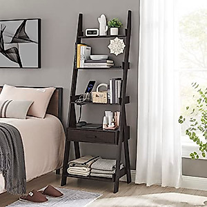Lovitgo Modern Ladder Shelf, 5 Tiers Industrial Ladder Bookshelf, Comes with Power Outlet and Fast Charging, Wooden Bookcase with Drawers for Living Room, Home Office, Bedroom, Espresso Color