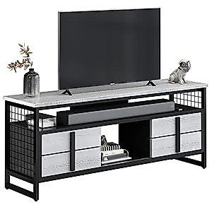YITAHOME Modern TV Stand for TVs up to 65 Inch, Entertainment Center with Shelf, Wood TV Media Console with Sturdy Metal Legs for Living Room, 300lbs Capacity, White Oak/Black, 59.5"