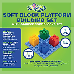 UNiPLAY Platform Soft Building Blocks — Educational Sensory Stacking Blocks, Learning Toy with 11 x 11 Inch Base Plate for Ages 3 Months and Up (64-Piece Set)