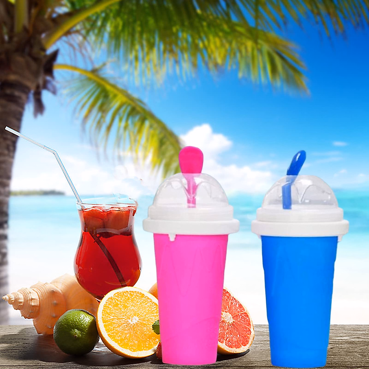Slushy Maker Cup,Slushy Maker Squeeze Cup,Quick Frozen Smoothies Cups Frozen Magic Cup,Summer Juice Ice Cream Cup,DIY Homemade Smoothie Cups,Reusable Silicon Ice Cup with Straw Spoon 2PCS Blue+Red