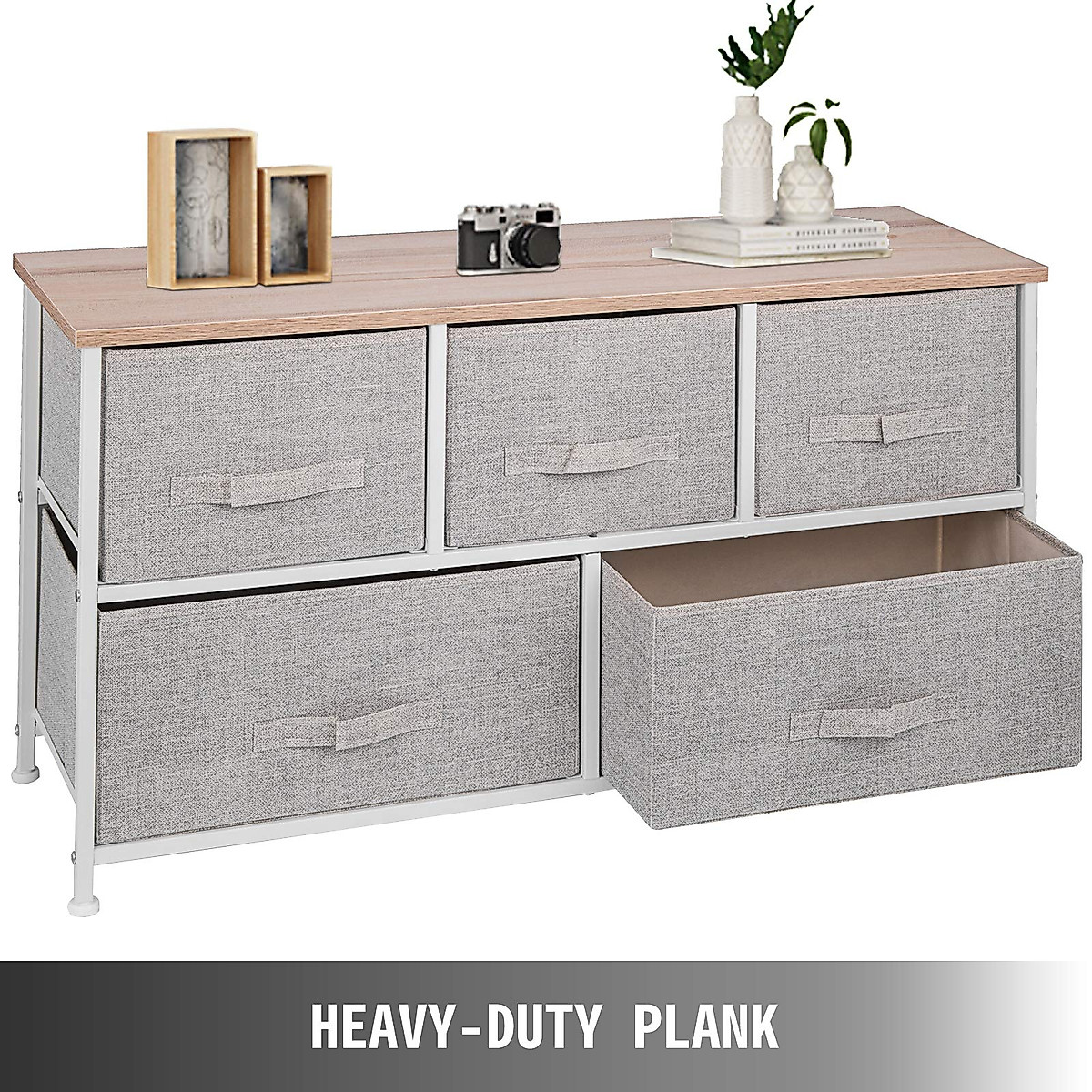 Happybuy 5-Drawer Storage Organizer Unit with Fabric Bins Bedroom Play Room Entryway Hallway Closets Steel Frame MDF Top Dresser Storage Tower Fabric Cube Dresser Chest Cabinet (Beige/Wide)