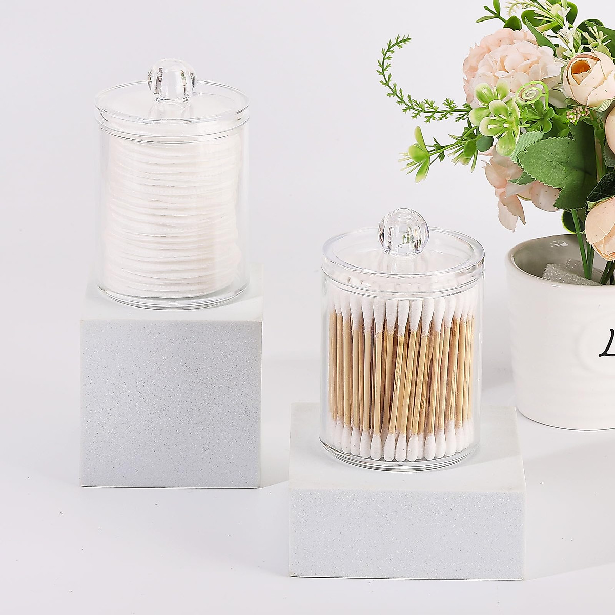 Tbestmax 4 Pack Qtip Holder - 10 oz, 12 oz Restroom Bathroom Organizers and Storage Containers, Clear Plastic Apothecary Jars with Lids for Cotton Ball, Cotton Swab, Cotton Round Pads, Floss