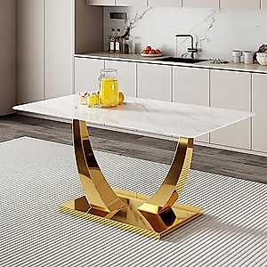 Goderfuu Glass Dining Table for 6 People, 63 inch Modern Kitchen Table with Gold Metal U-Base, White Marble Textured Glass Dining Table Pedestal Dinner Table, Faux Marble Dining Table for Dining Room