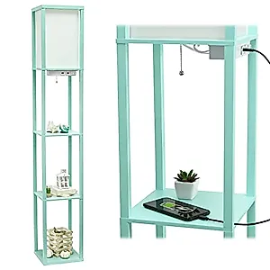 Simple Designs LF1037-AQU Organizer Storage Shelf with 2 Ports, 1 Charging Outlet and Linen Shade USB Etagere Floor Lamp, Aqua