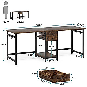 Tribesigns 79 Inch Extra Long Desk, Double Desk with 2 Drawers, Two Person Desk Long Computer Desk with Storage Shelves, Writing Table Study Desk for Home Office, Rustic Brown