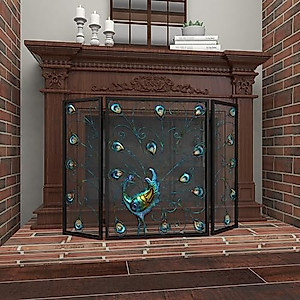 Deco 79 Metal Peacock Fireplace Screen Rainbow 3 Panel with Crystal Accents and Black Frame, 48" x 1" x 32", Blue