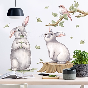 NOA 2 Cute Rabbit Wall Stickers with Bird On The Branches Decals, Removable Cartoon Animal Bunny 3D Vinyl Wallpaper Decor, DIY Art Mural for Nursery Baby Bedroom Living Room