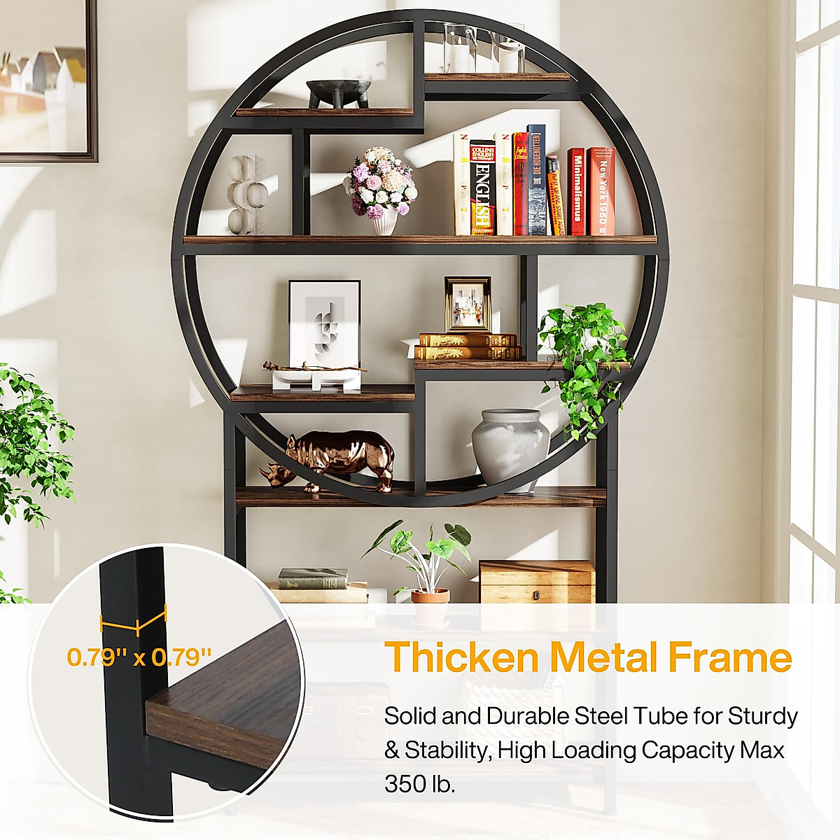 Tribesigns 8-Tier Bookshelf, 75 Inch Tall Industrial Freestanding Bookcase, Wood and Metal Display Shelves Storage Shelf for Living Room, Home Office, Bedroom (Rustic Brown)