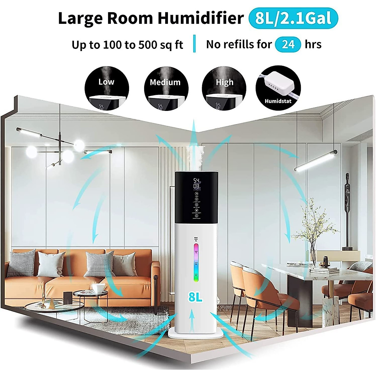2.1Gal(8L) Humidifiers for Bedroom Large Room Whole House,3 Speed Humidifiers with led Light for Home