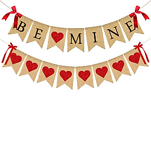 Be Mine Banner Red Glitter Heart Banner Garland Romantic Decorations Burlap Bunting Photo Props Valentine's Day Decorations for Wedding Engagement Home Party Fireplace Mantle Decoration