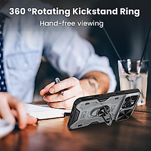 VEGO iPhone 14 Pro Max Case with Slide Camera Cover, Built-in 360 Rotate Ring Kickstand, Magnetic Protective Cover, Grey