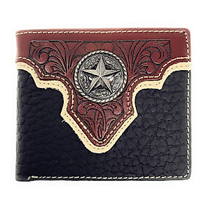 Western Genuine Leather Floral Tooled Texas Star Concho Mens Short Bifold Wallet in 2 colors (Black)
