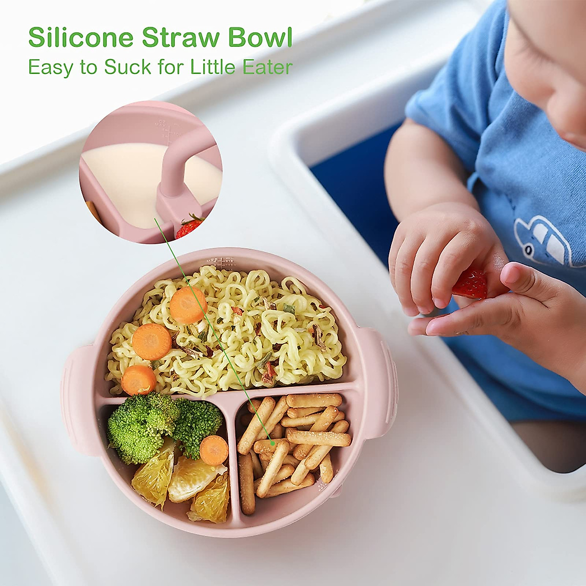 haakaa Silicone Divided Suction Bowl With Straw, Self Feeding Training Divided Bowl For Baby Toddler, Portable Non Slip Child Feeding Stay Put Bowl,Blush