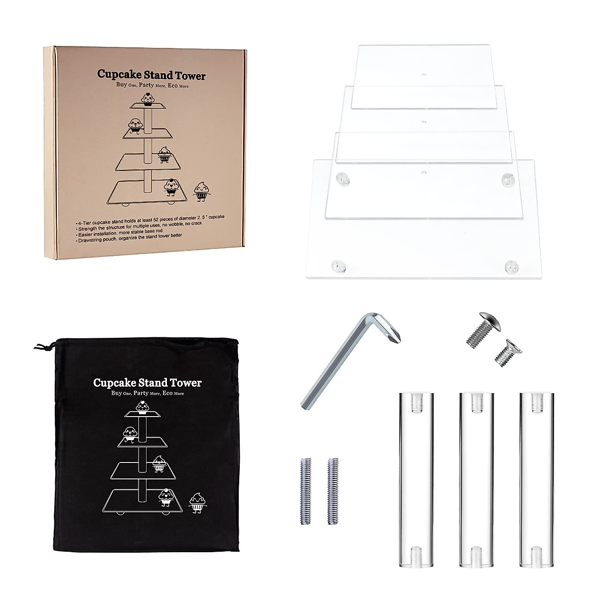 Cupcake Stand with Base, 4-Tier Square Acrylic Cupcake Display Stand Dessert Tower Pastry Stand Premium Cupcake Holder for Wedding Birthday Theme Party - Transparent