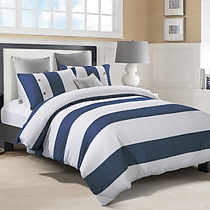 SUPERIOR Addison Embroidered Duvet Cover Set, Premium Long-Staple Cotton, Full/Queen, Navy Blue/White