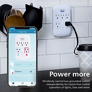 Philips 5-Outlet Extender Smart Surge Protector, Wall Tap, 2 Independent Wi-Fi Outlets, 3-Prong, 490 Joules, Voice Controlled Through Amazon Alexa and Google Assistant, ETL Listed, White, SPP3461WF/37