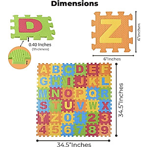 DIMPLE Kids Foam Play Mat (72 Pieces Total) 6.25 x 6.25 Inches Interlocking Alphabet and Numbers Floor Puzzle Colorful EVA Tiles Girls, Boys Soft, Reusable, Easy to Clean (2 Pack of 36)