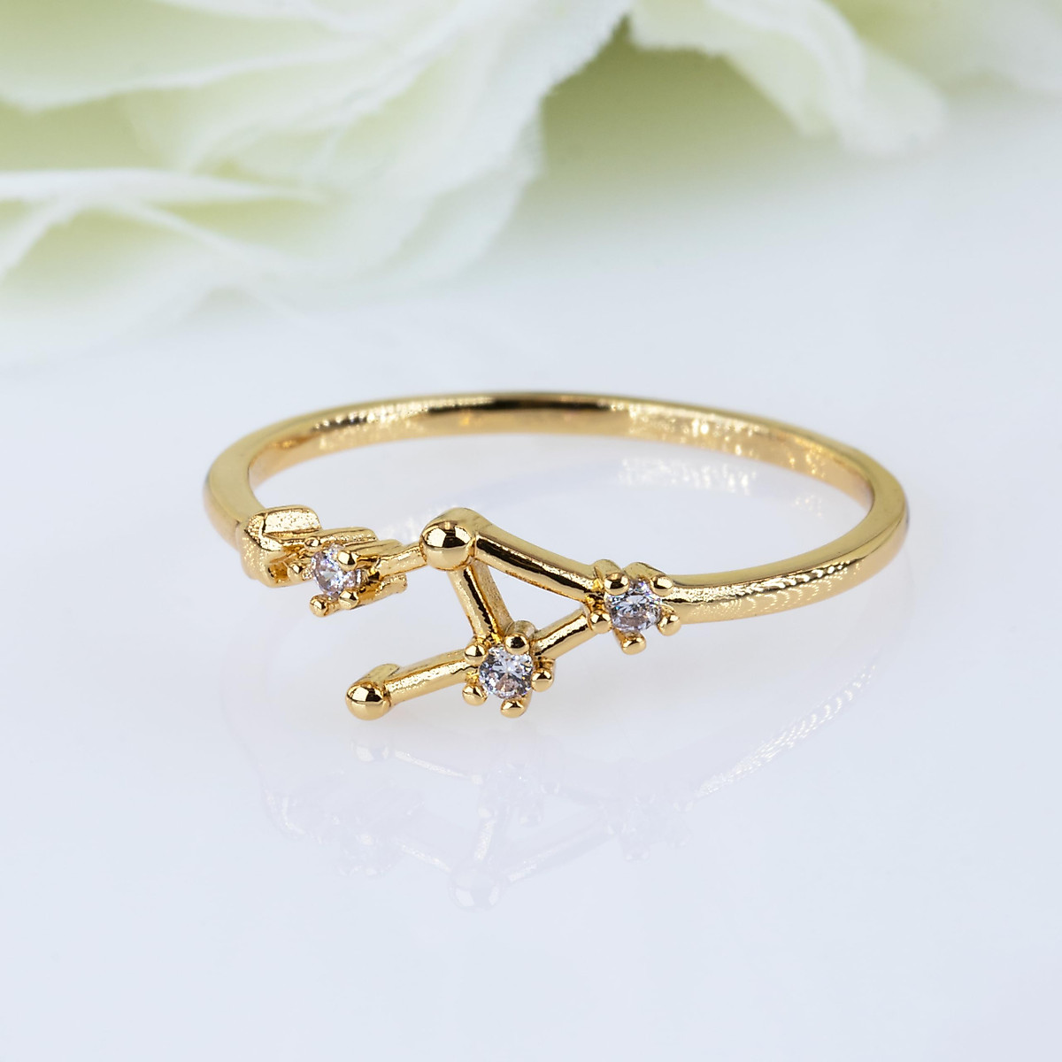 Zodiac Constellation Ring with Cubic Zirconia Stones Made of Zinc, Steel & Brass (Libra & Gold, 8)