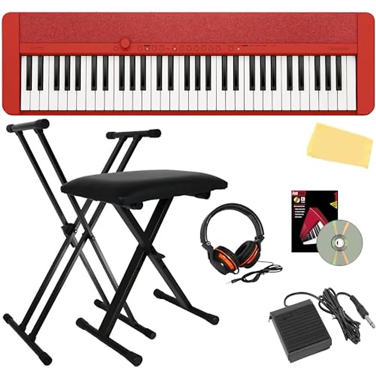 Casio Casiotone CT-S1 61-Key Portable Digital Keyboard - Red Bundle with Adjustable Stand, Bench, Headphones, Sustain Pedal, Instructional Book, Instructional DVD, and Austin Bazaar Polishing Cloth
