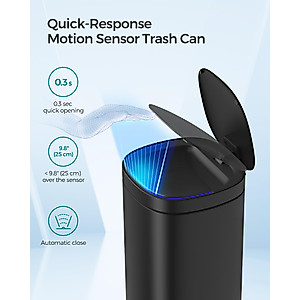 SONGMICS Motion Sensor Trash Can, 13 Gallon Automatic Kitchen Garbage Can, Multi-Colored Indicator Lights, Ozone Odor Control, Stay-Open Lid, Tall, Stainless Steel, Black ULTB620B50