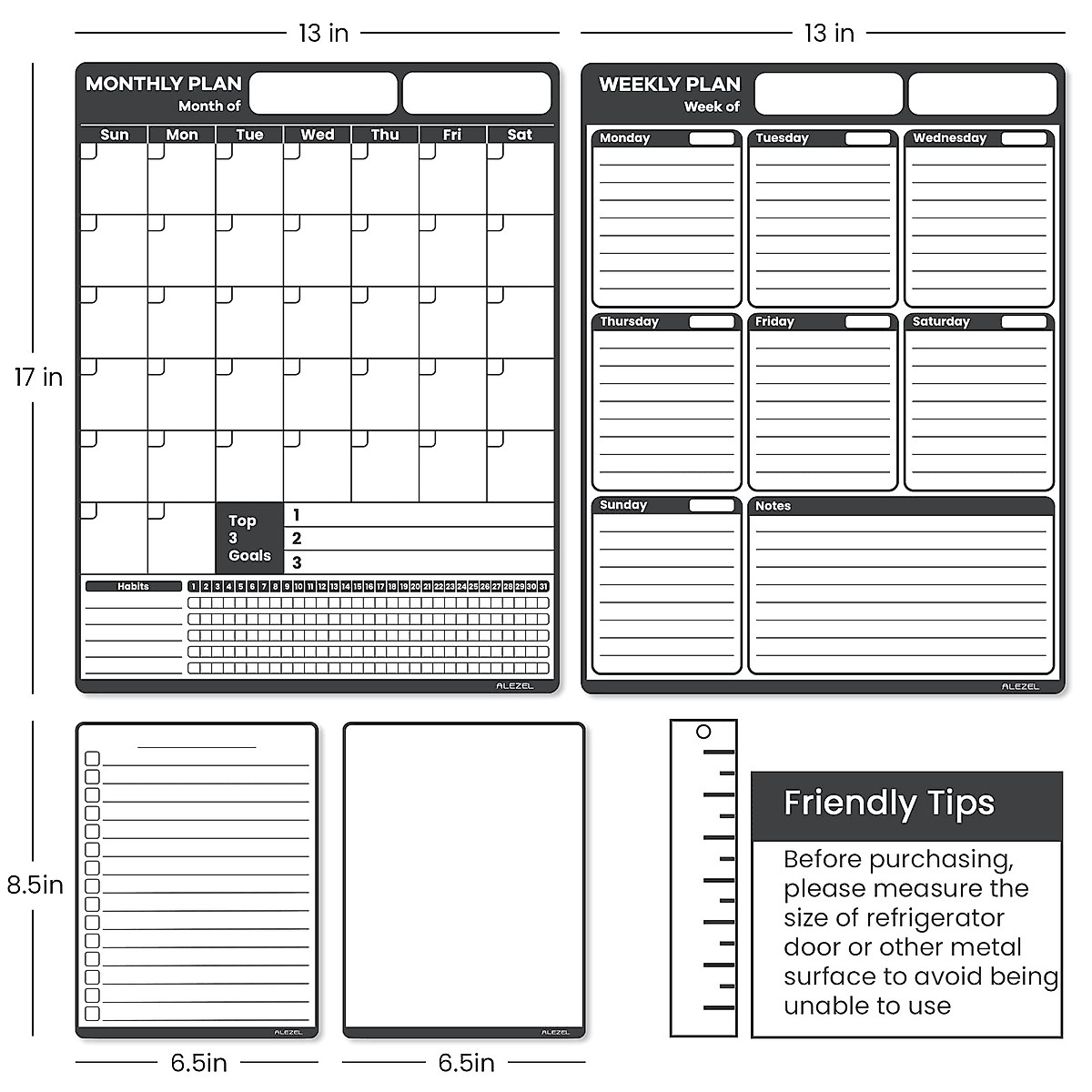 ALEZEL Magnetic Calendar for Refrigerator - 13"x17", Dry Erase Fridge Calendar Set (4 Boards) - Monthly & Weekly Planner Whiteboard, Blank & to Do List White Board, 6 Markers + Eraser