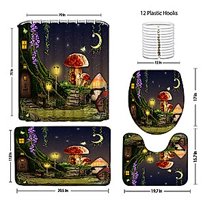 JONSEQIN 4 Piece Fairytale Forest Shower Curtain Sets with Rugs, Toilet Lid Cover and Bath Mat, Mushroom Bathroom Sets with Shower Curtain and Rugs and 12 Hooks Accessories