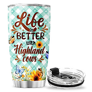 JENOIS Simply Flower Water Modern Handle Checkered Simple Sunflower Floral Cups, Highland Cow Gifts, Tumbler 20 Oz With Lid And Straw, Life Is Better Highland Cow
