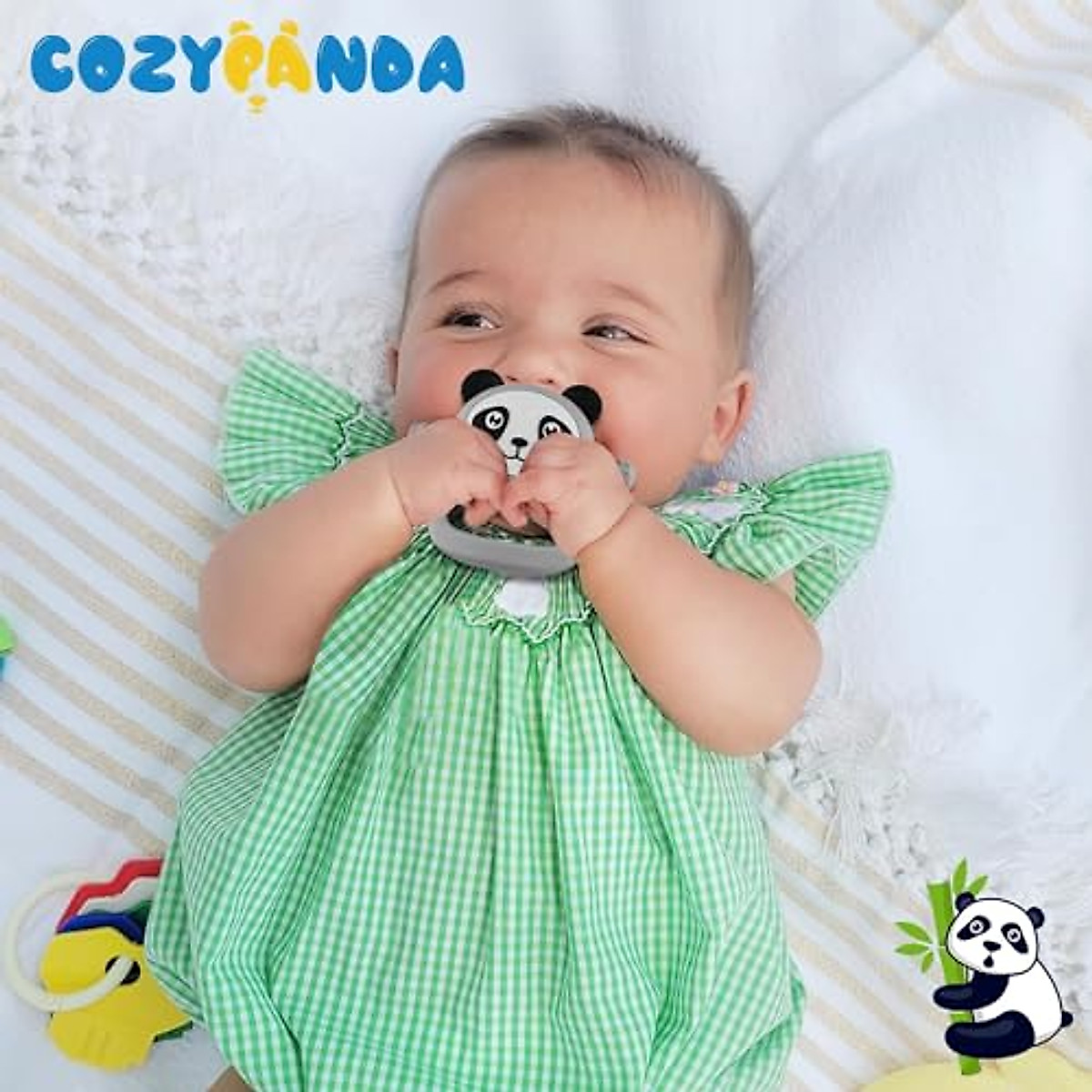 COZYPANDA Teething Toys for Babies 0-6-12 Months, 2 Pcs Never Drop Baby Teether for Teething Relief, Silicone Baby Hand Mitten with Sucking Need Pacifier, Baby Chew Toys for Breast Feeding, White+Grey