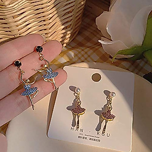 Sweet Dancing ong Stud Earrings Temperament Inlay Rhinestone Ballerina Drop Dangle Earrings for Women Jewelry (Pink)