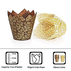 HULISEN 100 Pcs Tulip Cupcake Liners, 2 Colors Premium Greaseproof Paper Baking Cups, Muffin Liners for Wedding, Baby Showers, Party, Brown and White Golden Leaf Model