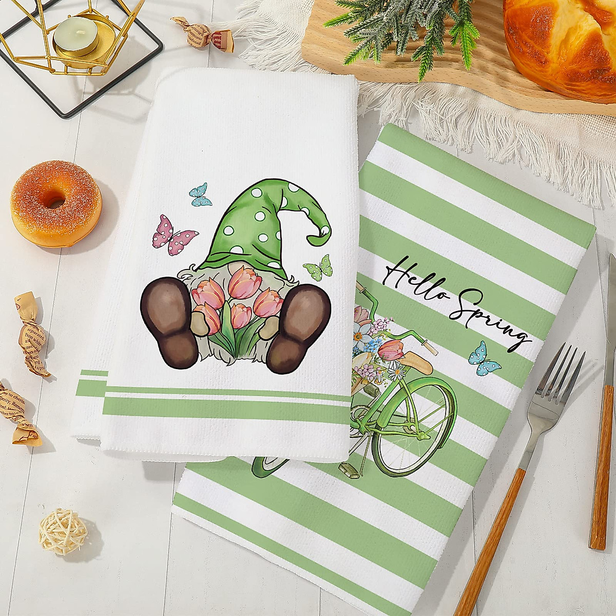 AnyDesign Spring Kitchen Dish Towel Watercolor Gnome Flower Bicycle Truck Dishcloth Green Buffalo Plaids Stripes Hand Drying Tea Towel for Cooking Baking Cleaning Wipes Supplies, 18 x 28 Inch, 4Pcs